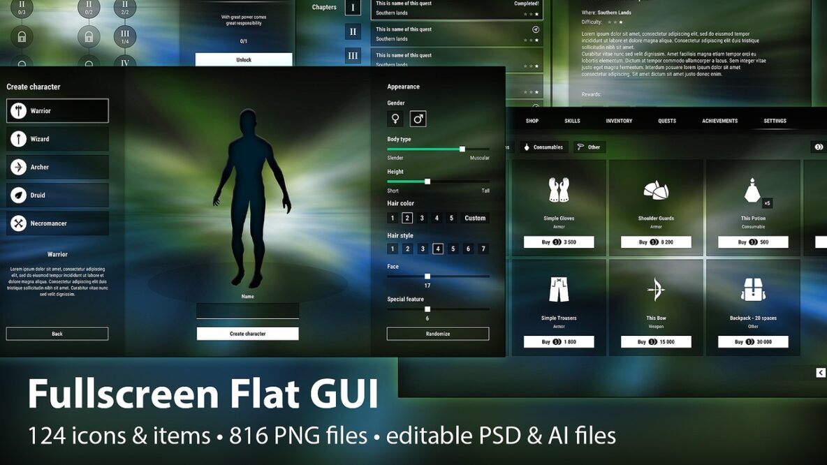 Fullscreen Flat GUI / UI Kit – transparent, rpg pack 5.5 - Unreal