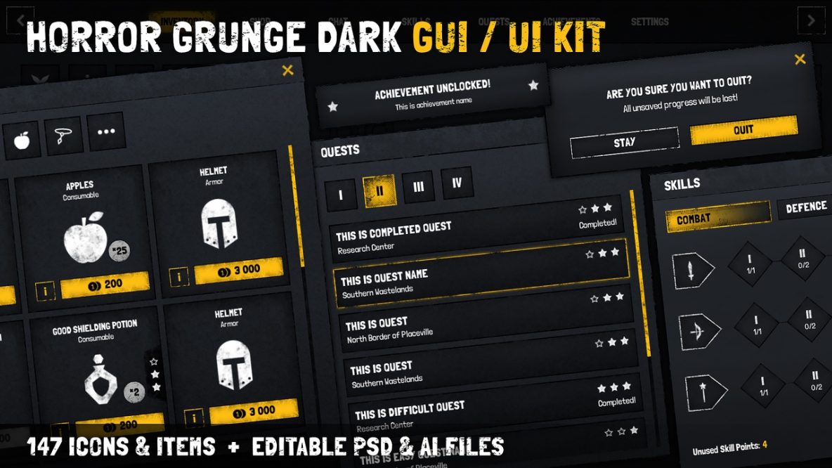 Horror / Grunge / Military / RPG Dark GUI / UI KIT + psd/ai source ...